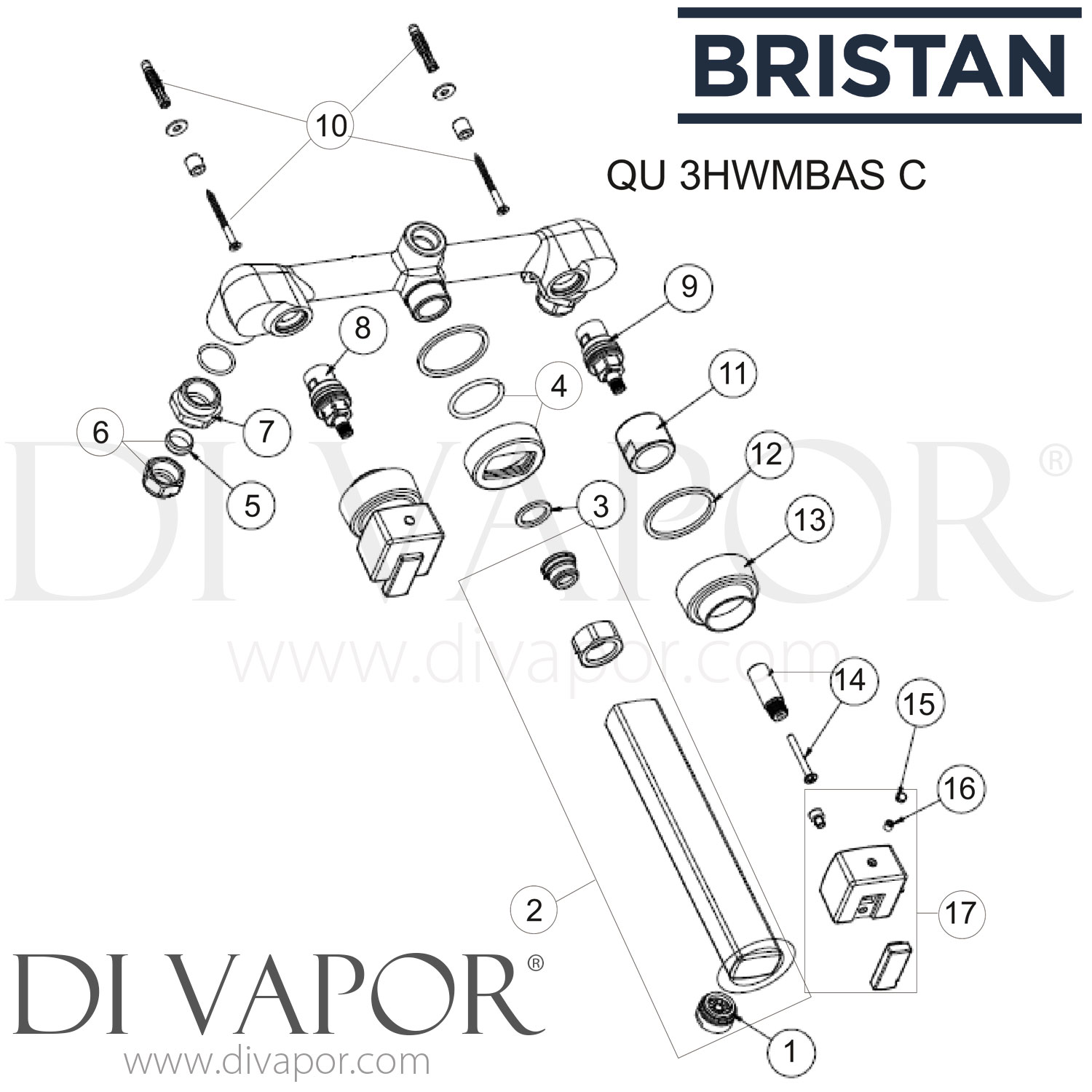 Bristan QU 3HWMBAS C QUBE 3 Hole Wall Mounted Basin Mixer Spare Parts Bristan QU 3HWMBAS C QUBE 3 Hole Wall Mounted Basin Mixer Spare Parts